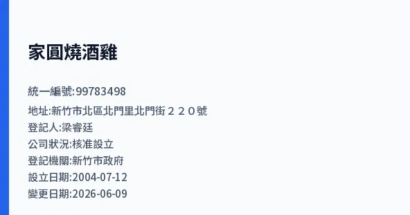 家圓燒酒雞的照片-統編 99783498(新竹市) 公司登記資料與營業項目詳細圖表