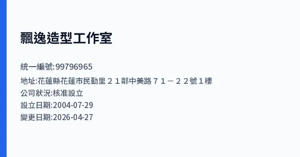 飄逸造型工作室的照片-統編 99796965(花蓮縣) 公司登記資料與營業項目詳細圖表