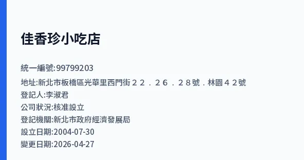 佳香珍小吃店的照片-統編 99799203(新北市) 公司登記資料與營業項目詳細圖表
