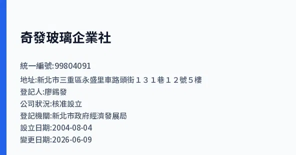 奇發玻璃企業社的照片-統編 99804091(新北市) 公司登記資料與營業項目詳細圖表