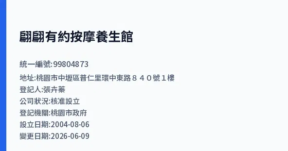 翩翩有約按摩養生館的照片-統編 99804873(桃園市) 公司登記資料與營業項目詳細圖表