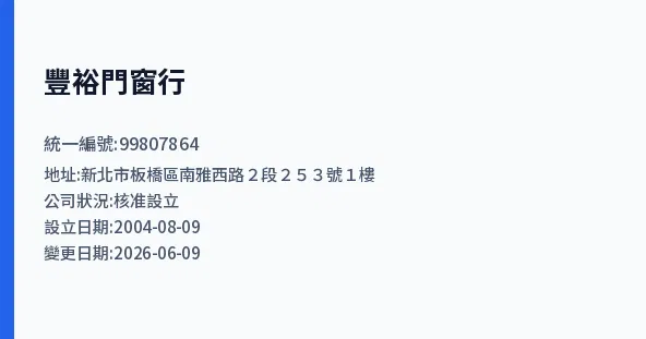 豐裕門窗行的照片-統編 99807864(新北市) 公司登記資料與營業項目詳細圖表