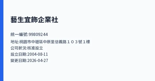 藝生宜飾企業社的照片-統編 99809244(桃園市) 公司登記資料與營業項目詳細圖表
