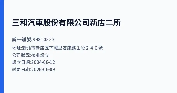三和汽車股份有限公司新店二所的照片-統編 99810333(新北市) 公司登記資料與營業項目詳細圖表