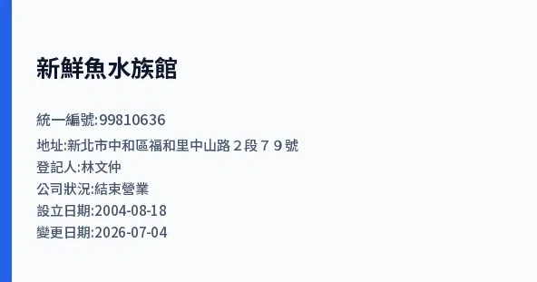 新鮮魚水族館的照片-統編 99810636(新北市) 公司登記資料與營業項目詳細圖表