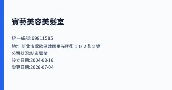 寶藝美容美髮室的照片-統編 99811585(新北市) 公司登記資料與營業項目詳細圖表
