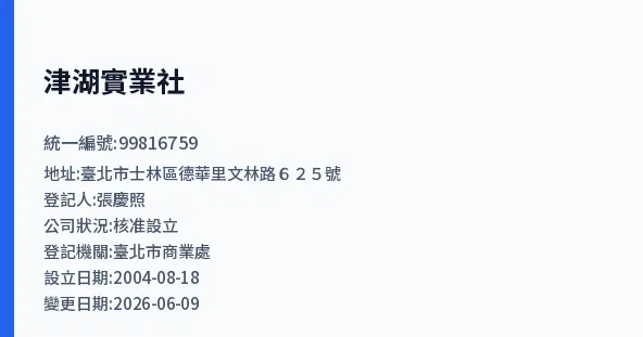 津湖實業社的照片-統編 99816759(臺北市) 公司登記資料與營業項目詳細圖表