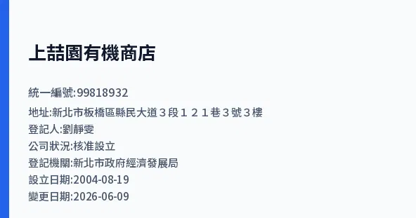上喆園有機商店的照片-統編 99818932(新北市) 公司登記資料與營業項目詳細圖表