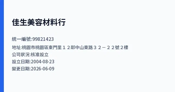 佳生美容材料行的照片-統編 99821423(桃園市) 公司登記資料與營業項目詳細圖表