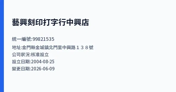 藝興刻印打字行中興店的照片-統編 99821535(金門縣) 公司登記資料與營業項目詳細圖表