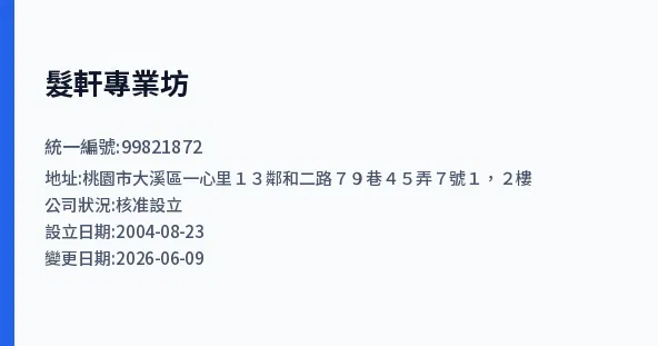 髮軒專業坊的照片-統編 99821872(桃園市) 公司登記資料與營業項目詳細圖表