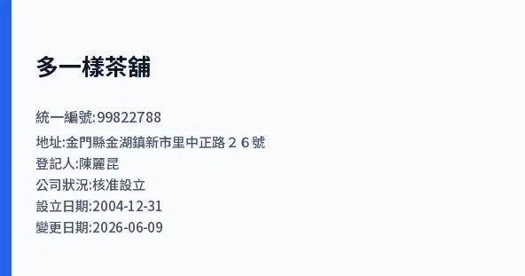 多一樣茶舖的照片-統編 99822788(金門縣) 公司登記資料與營業項目詳細圖表