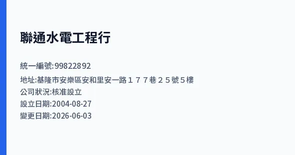聯通水電工程行的照片-統編 99822892 公司登記資料與營業項目詳細圖表