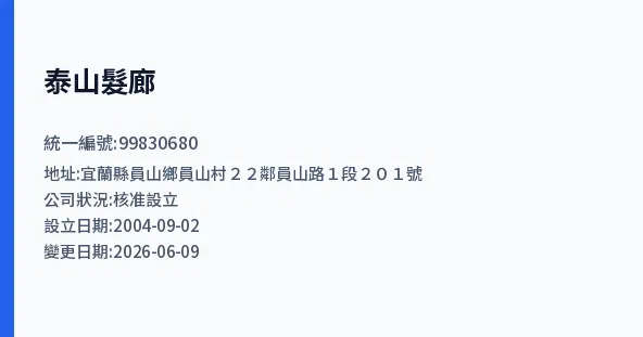 泰山髮廊的照片-統編 99830680(宜蘭縣) 公司登記資料與營業項目詳細圖表