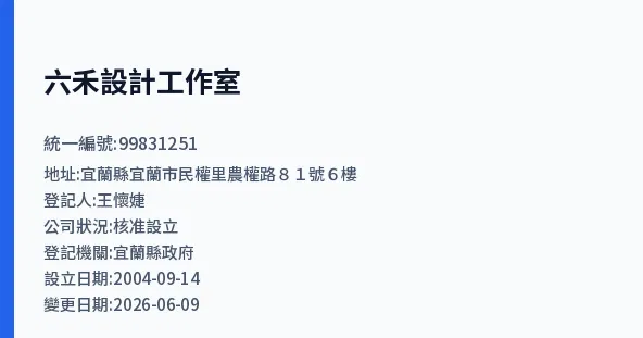 六禾設計工作室的照片-統編 99831251(宜蘭縣) 公司登記資料與營業項目詳細圖表