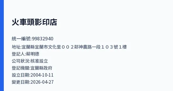 火車頭影印店的照片-統編 99832940(宜蘭縣) 公司登記資料與營業項目詳細圖表