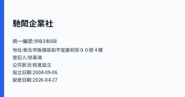 馳閎企業社的照片-統編 99834068(新北市) 公司登記資料與營業項目詳細圖表