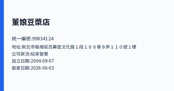 董娘豆漿店的照片-統編 99834124(新北市) 公司登記資料與營業項目詳細圖表