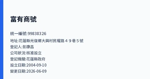富有商號的照片-統編 99838326(花蓮縣) 公司登記資料與營業項目詳細圖表