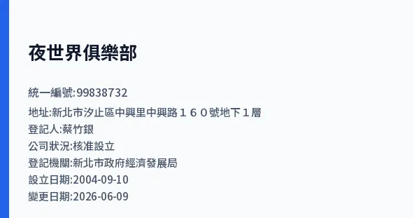 夜世界俱樂部的照片-統編 99838732(新北市) 公司登記資料與營業項目詳細圖表