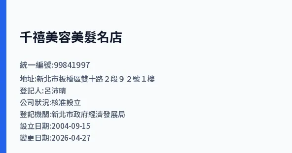 千禧美容美髮名店的照片-統編 99841997(新北市) 公司登記資料與營業項目詳細圖表