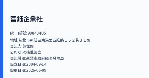 富鈺企業社的照片-統編 99843405(新北市) 公司登記資料與營業項目詳細圖表