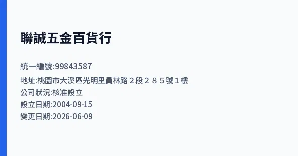 聯誠五金百貨行的照片-統編 99843587(桃園市) 公司登記資料與營業項目詳細圖表