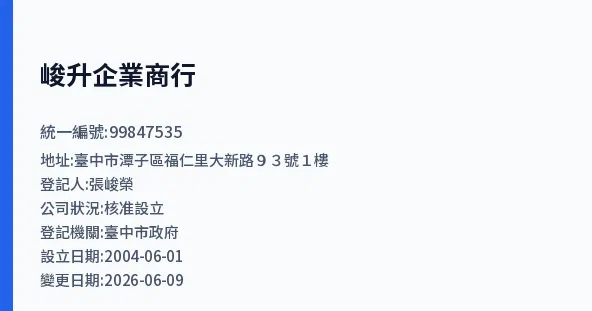 峻升企業商行的照片-統編 99847535(臺中市) 公司登記資料與營業項目詳細圖表