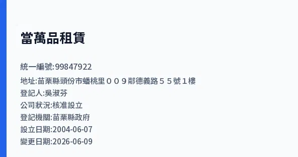當萬品租賃的照片-統編 99847922(苗栗縣) 公司登記資料與營業項目詳細圖表