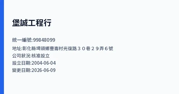 堡誠工程行的照片-統編 99848099(彰化縣) 公司登記資料與營業項目詳細圖表