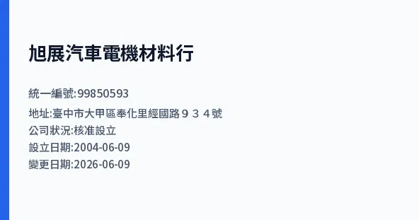 旭展汽車電機材料行的照片-統編 99850593(臺中市) 公司登記資料與營業項目詳細圖表