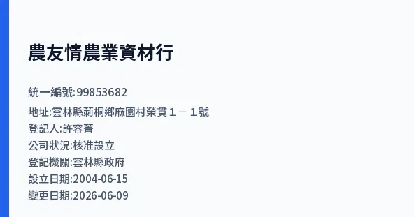 農友情農業資材行的照片-統編 99853682(雲林縣) 公司登記資料與營業項目詳細圖表