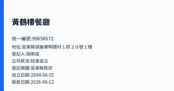 黃鶴樓餐廳的照片-統編 99858672(苗栗縣) 公司登記資料與營業項目詳細圖表