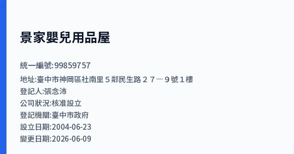 景家嬰兒用品屋的照片-統編 99859757(臺中市) 公司登記資料與營業項目詳細圖表