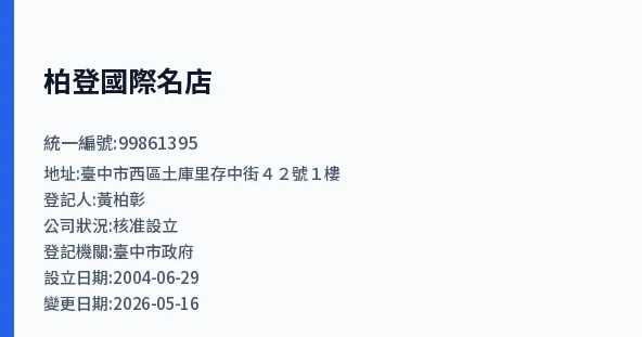 柏登國際名店的照片-統編 99861395(臺中市) 公司登記資料與營業項目詳細圖表