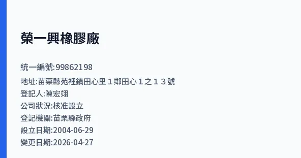 榮一興橡膠廠的照片-統編 99862198(苗栗縣) 公司登記資料與營業項目詳細圖表
