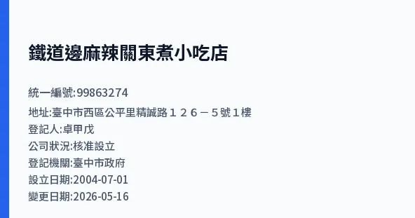 鐵道邊麻辣關東煮小吃店的照片-統編 99863274(臺中市) 公司登記資料與營業項目詳細圖表