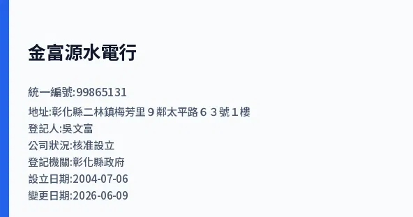 金富源水電行的照片-統編 99865131(彰化縣) 公司登記資料與營業項目詳細圖表