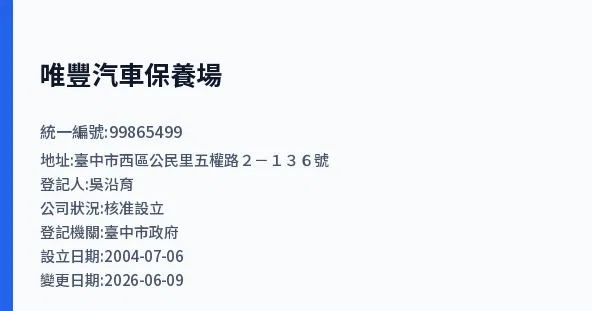 唯豐汽車保養場的照片-統編 99865499(臺中市) 公司登記資料與營業項目詳細圖表