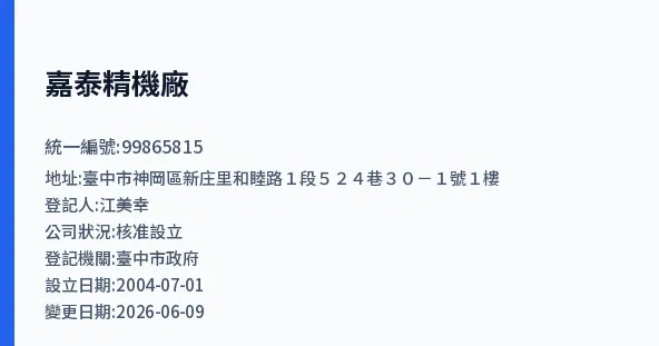 嘉泰精機廠的照片-統編 99865815(臺中市) 公司登記資料與營業項目詳細圖表