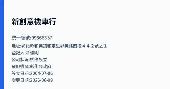新創意機車行的照片-統編 99866357(彰化縣) 公司登記資料與營業項目詳細圖表