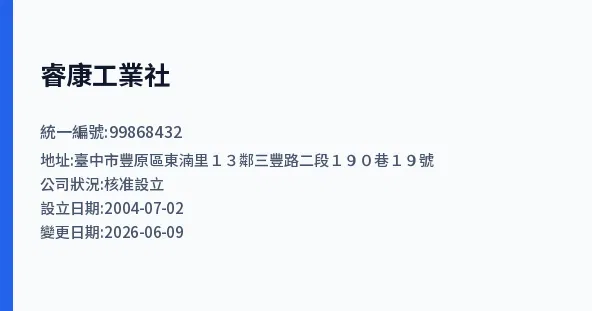 睿康工業社的照片-統編 99868432(臺中市) 公司登記資料與營業項目詳細圖表