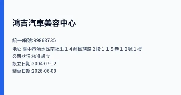 鴻吉汽車美容中心的照片-統編 99868735(臺中市) 公司登記資料與營業項目詳細圖表