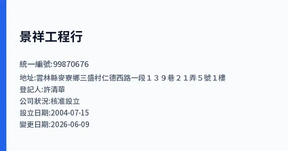 景祥工程行的照片-統編 99870676(雲林縣) 公司登記資料與營業項目詳細圖表