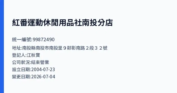 紅番運動休閒用品社南投分店的照片-統編 99872490(南投縣) 公司登記資料與營業項目詳細圖表