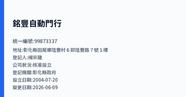 銘豐自動門行的照片-統編 99873337(彰化縣) 公司登記資料與營業項目詳細圖表
