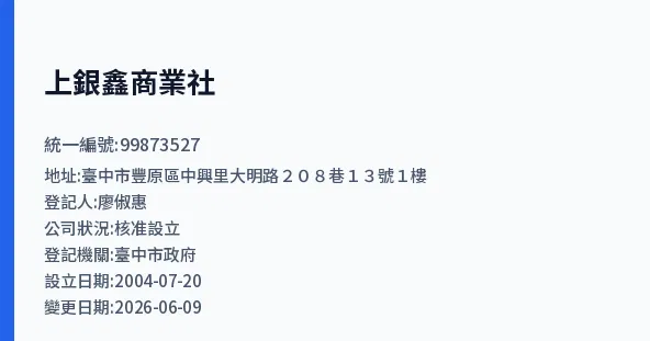 上銀鑫商業社的照片-統編 99873527(臺中市) 公司登記資料與營業項目詳細圖表