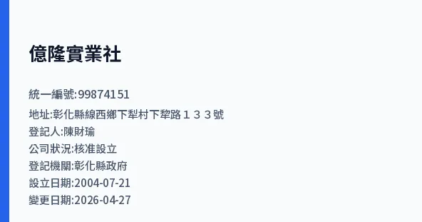 億隆實業社的照片-統編 99874151(彰化縣) 公司登記資料與營業項目詳細圖表
