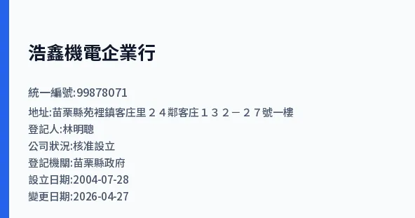 浩鑫機電企業行的照片-統編 99878071(苗栗縣) 公司登記資料與營業項目詳細圖表