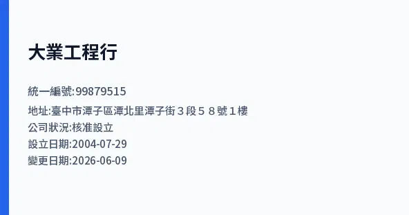 大業工程行的照片-統編 99879515(臺中市) 公司登記資料與營業項目詳細圖表